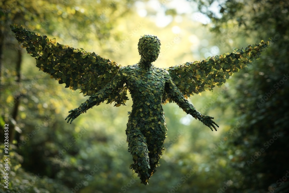 Surrealistic image of a human figure with wings made of leaves, flying ...