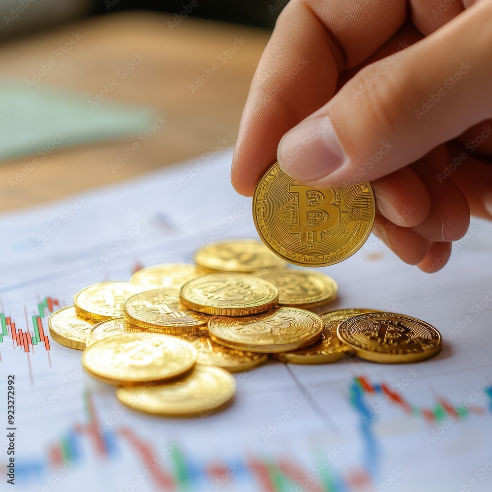 Closeup of a hand holding gold coins over a stock market chart, blending the value of tangible ...