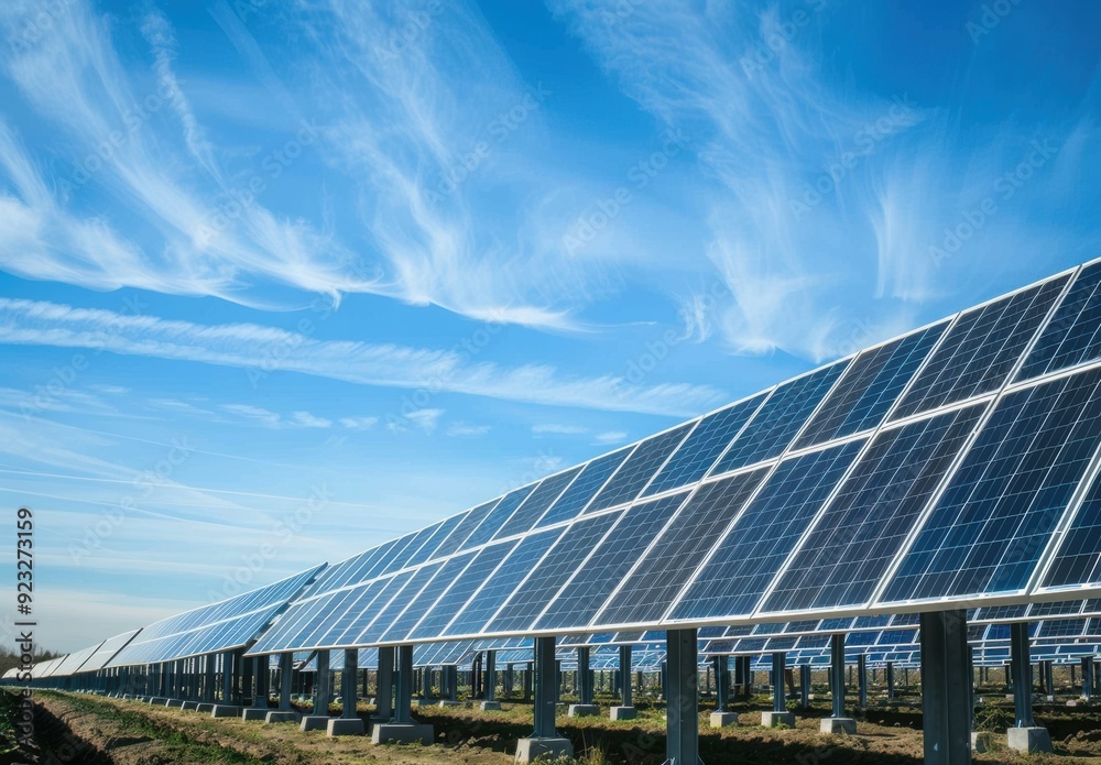 solar panels in an open field, under the blue sky. A high-resolution ...