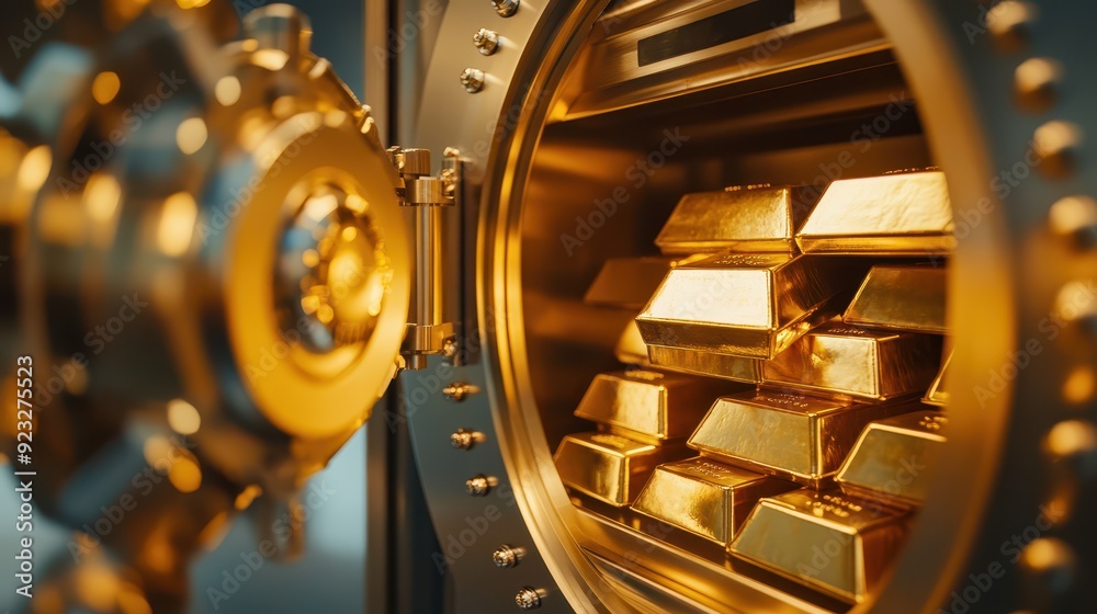 A secure vault door slightly open, revealing gold bars and investment ...