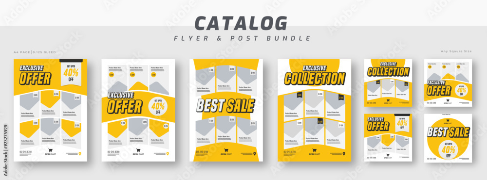 Supermarket product sale catalog flyer bundle, social media post set ...