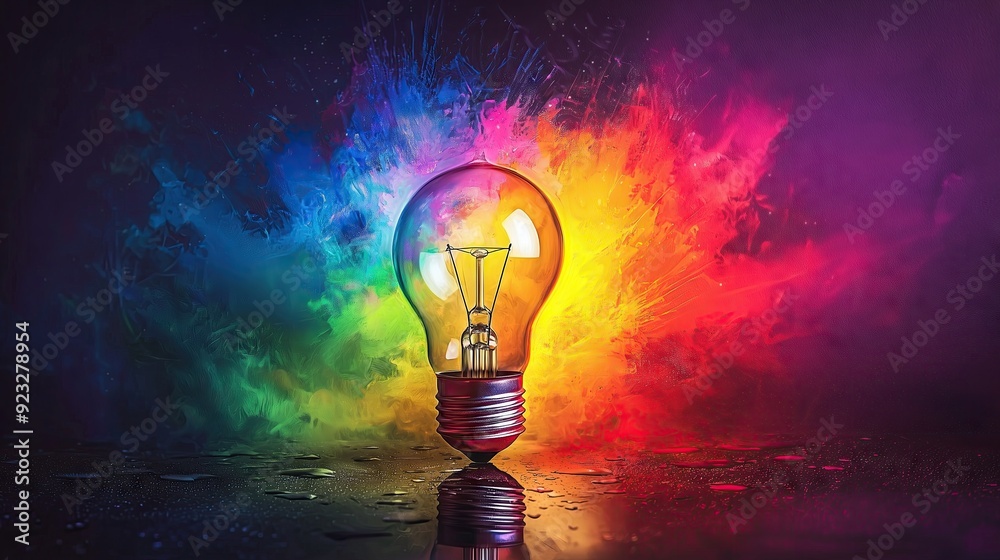 Illuminated light bulb surrounded by vibrant colored. Creativity and ...