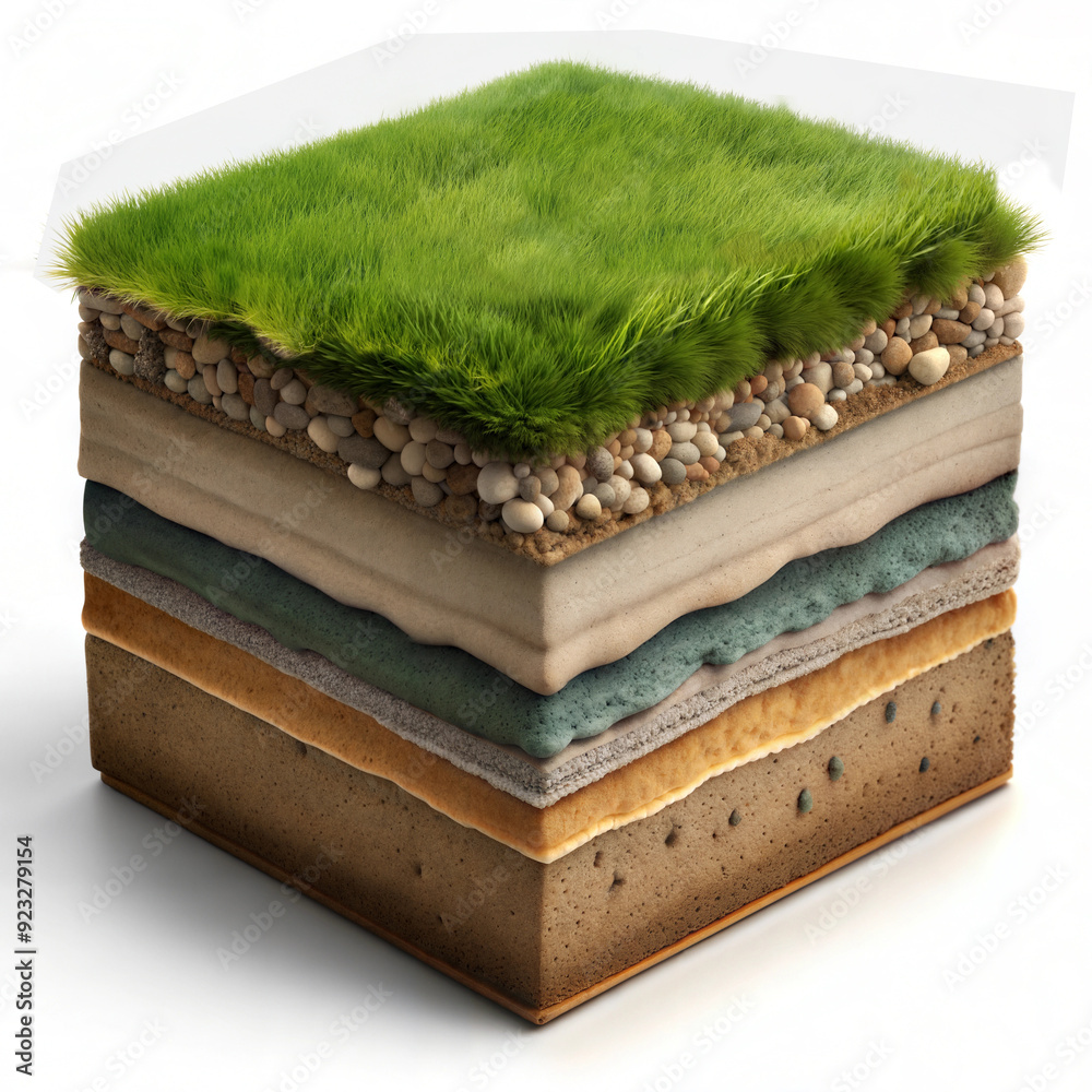 Green grass field and cross-section of meadow soil. The concept of ...