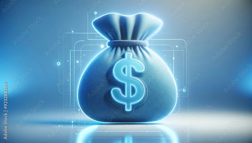 blue money bag with glowing dollar sign on a shiny blue backdrop ...