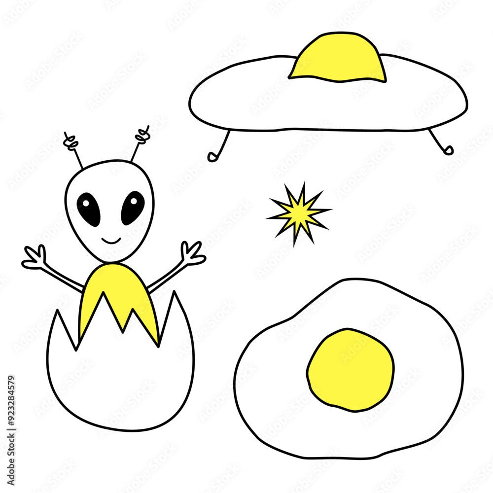 Alien, spaceship, fried egg baby cute set. Vector illustration. Funny ...