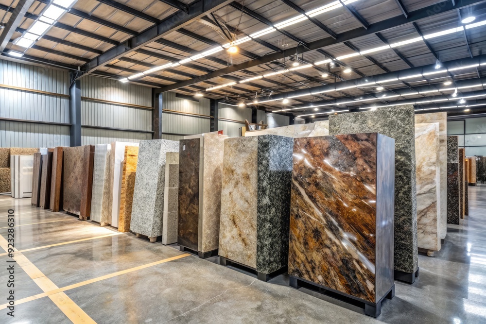 Polished granite slabs in varied shades and patterns, arranged in a ...