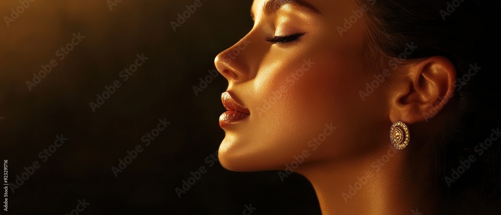 Beautiful Woman Profile Portrait with Golden Earring Bob Hair Style ...