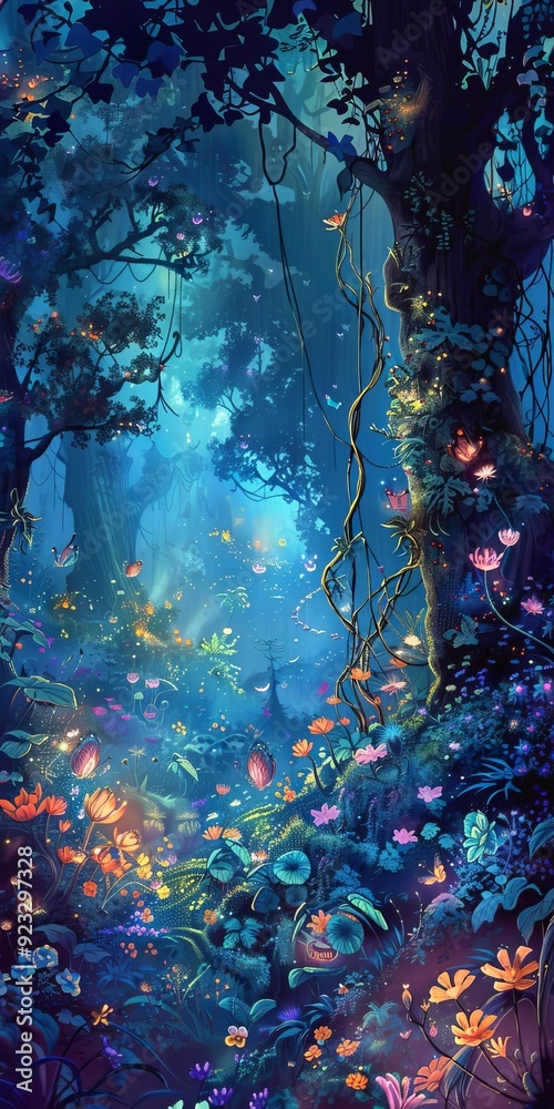 29 Fantasy woodland with glowing flora and whimsical creatures bird's ...