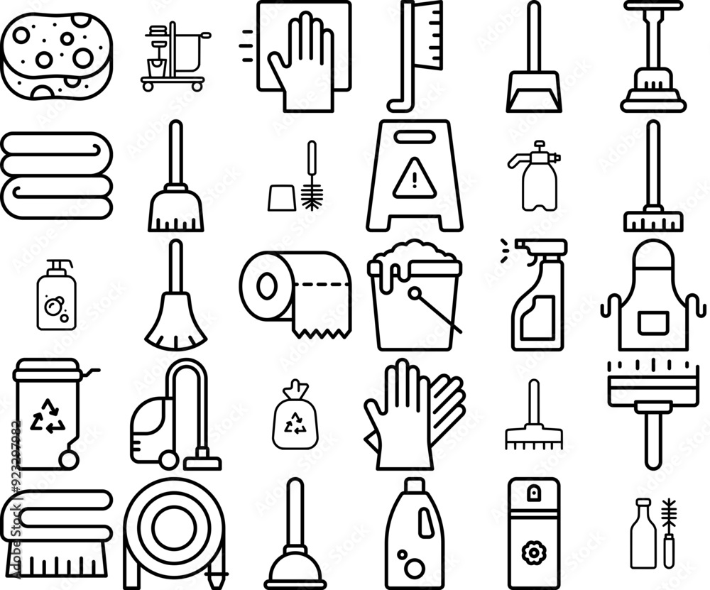 Set Of Linear Cleaning Equipment Icons Silhouette Vector Logo Design ...