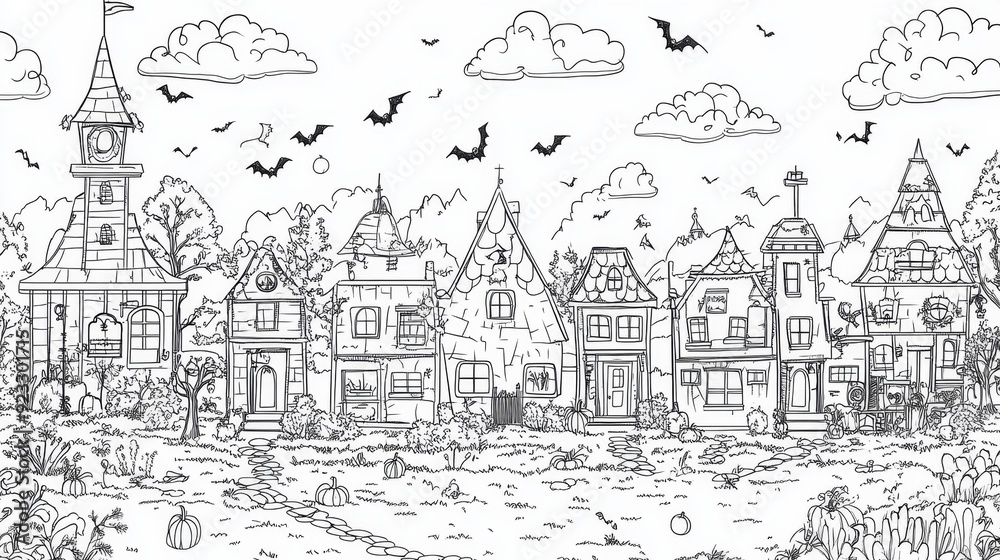 Spooky Halloween Village Coloring Page, whimsical , featuring simple ...