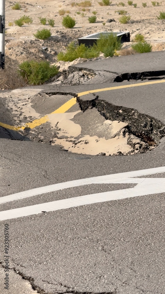 Asphalt road marred by large hole and erosion with sand scattered ...