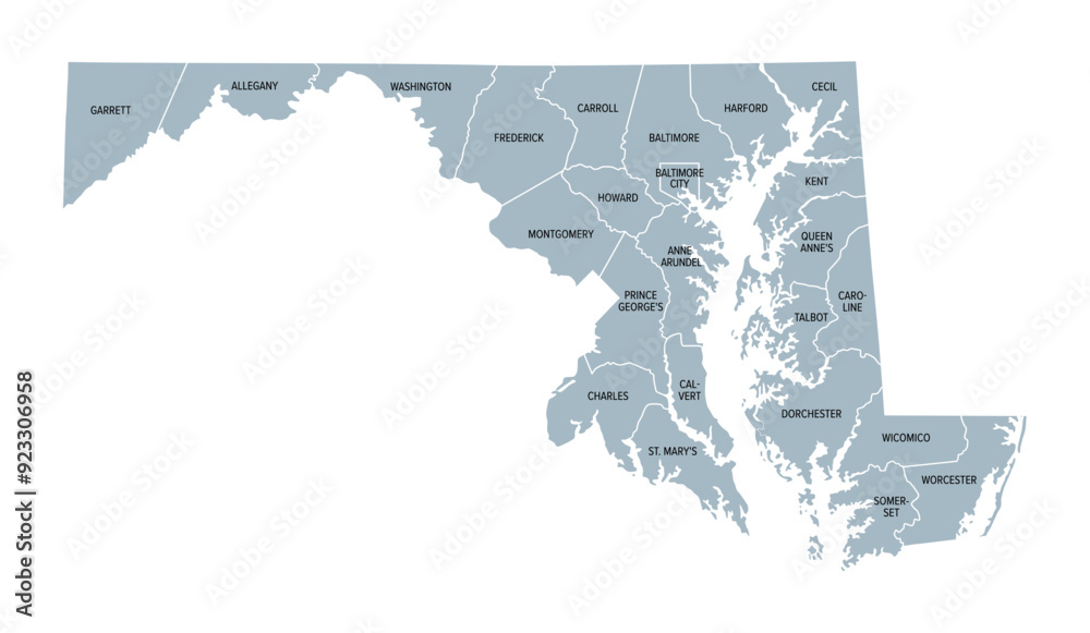 Maryland, U.S. state, gray political map with borders and county names ...