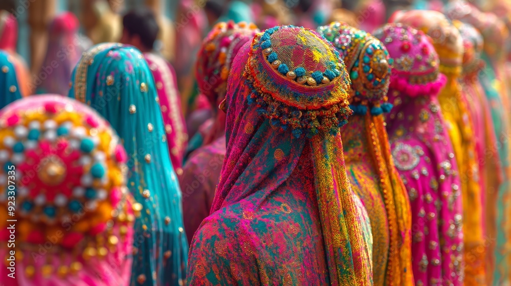 Vibrant and colorful traditional garments worn by a group of women ...