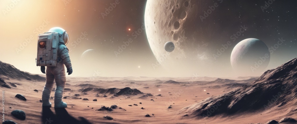 Astronaut standing on a barren alien planet with rocky terrain, looking ...