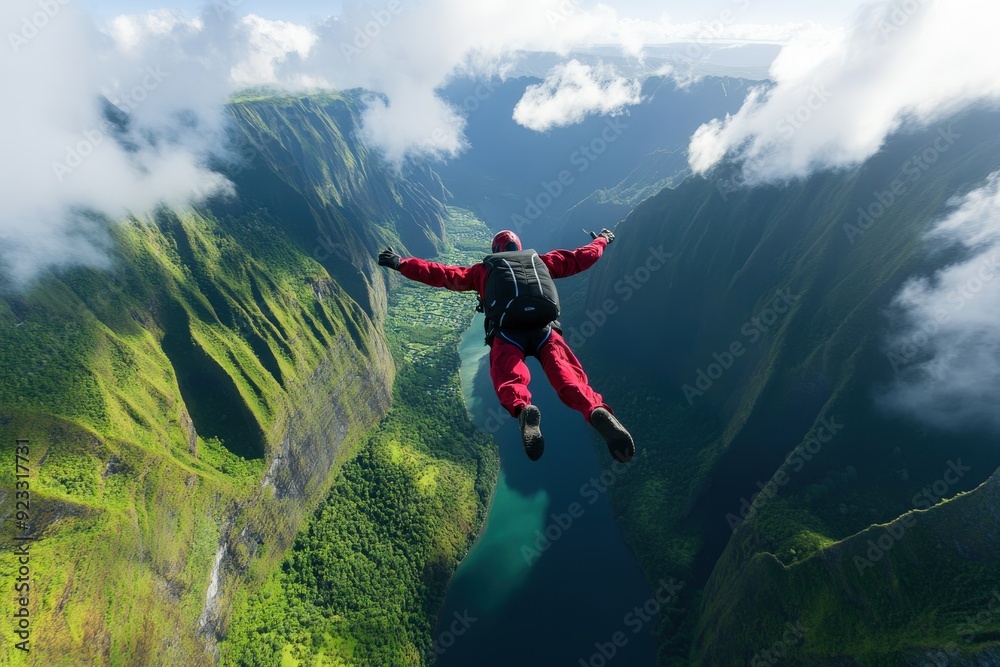 A skydiver in a red suit soars above a breathtaking scenic valley with ...