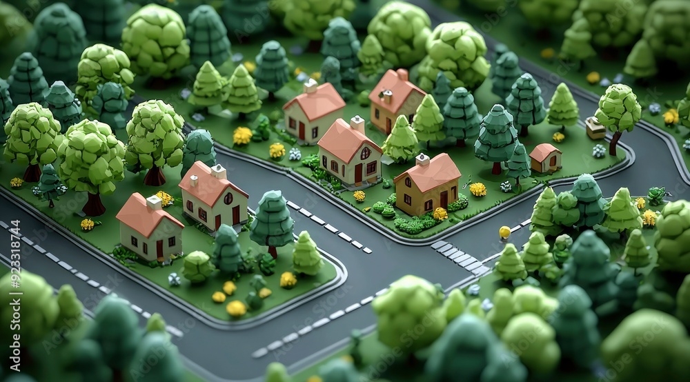 Miniature Model of a Suburban Neighborhood with Winding Roads and Lush ...