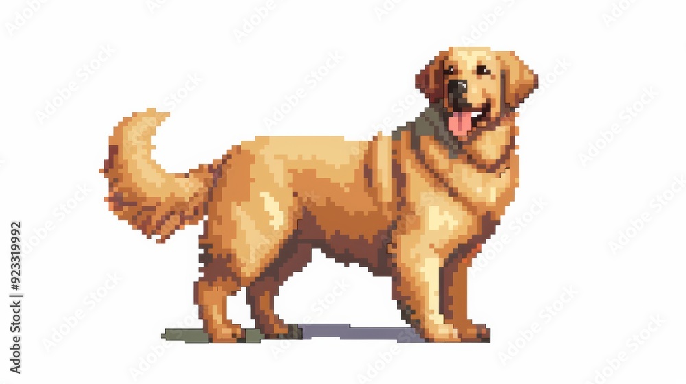 Pixel art illustration of a happy Golden Retriever dog standing with ...