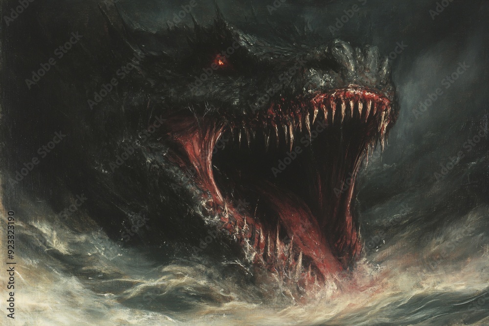 Terrifying sea leviathan rising from turbulent ocean depths for horror movie posters and ...