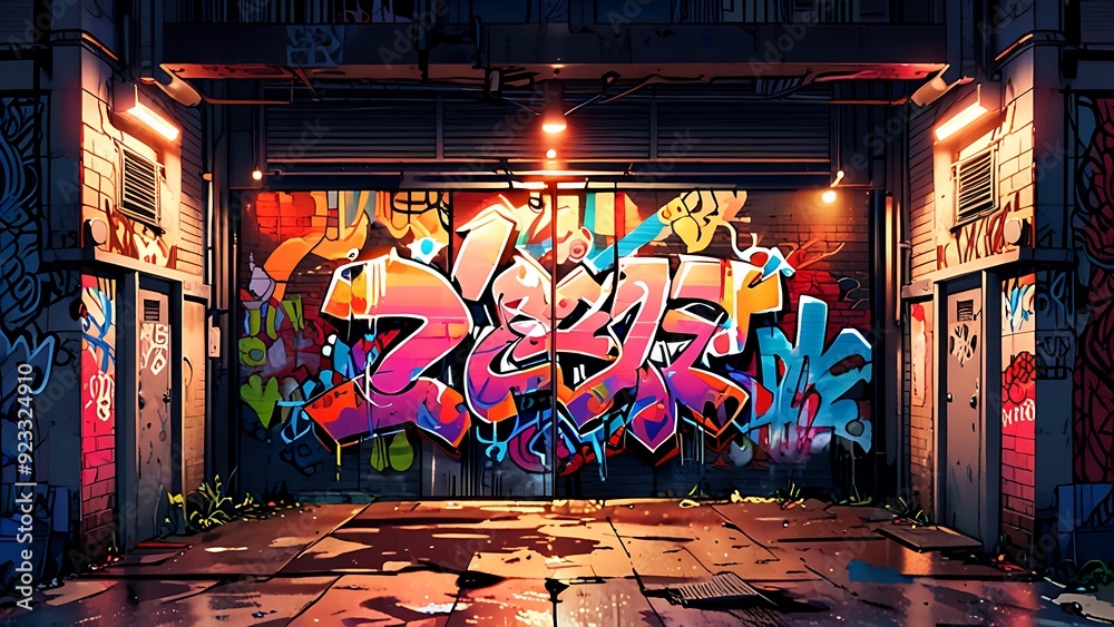 Graffiticovered brick building with yellow doors and water puddle ...