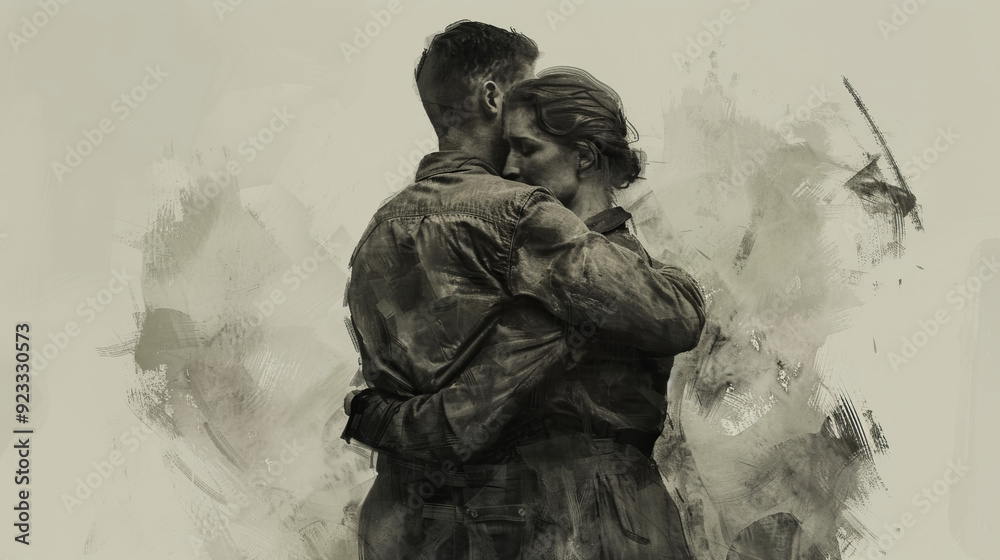 A couple in a moment of tenderness: a man and a woman with their eyes ...