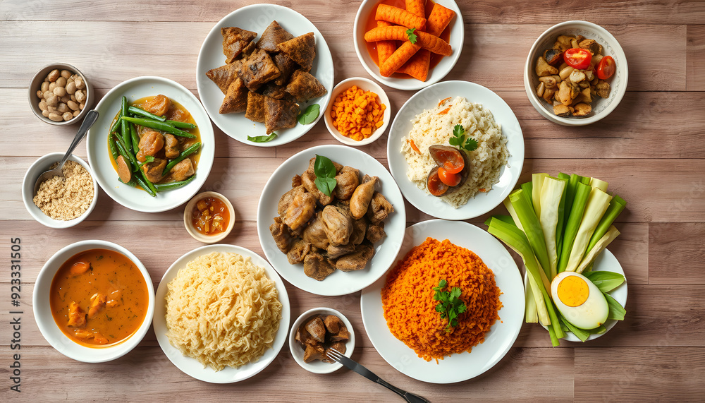 Variety of Asia Muslim Malay daily home cooked food on table. Flat lay ...