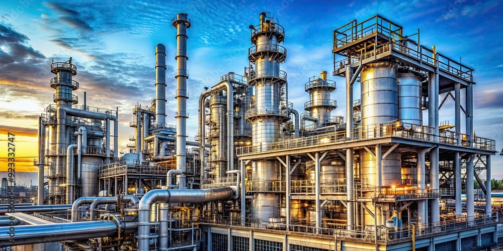 Modern petrochemical plant with complex piping systems, distillation ...