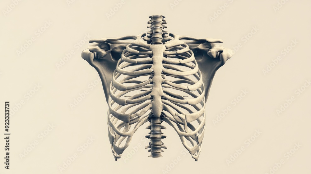 Anatomy of the human rib cage isolated on a simple color background ...