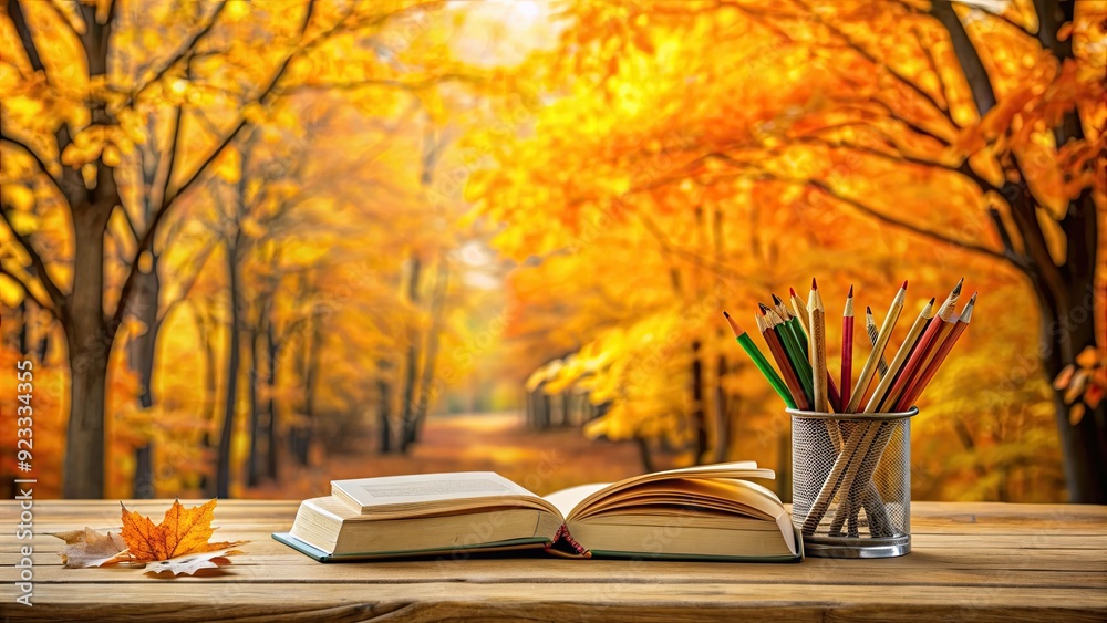 Study scene in fall with a stack of books, an open book, pencils, and ...