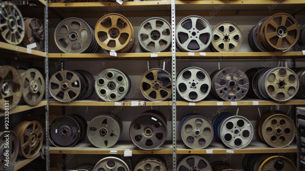 Shelves filled with old film reels in a storage room, showcasing a ...