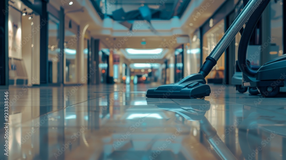 A close-up view of a vacuum cleaner operating on a polished mall floor ...
