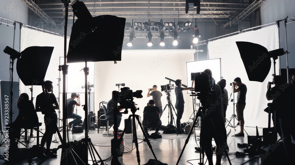 A bustling film set with crew members and equipment, showcasing the ...