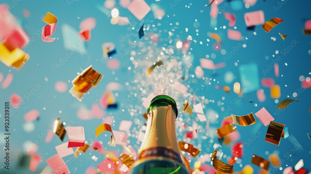 An exhilarating scene of a champagne bottle popping with confetti ...