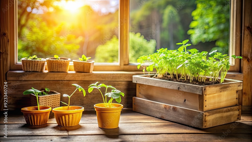 Rustic window sill with crates of seedlings and yellow pot in sunlight ...
