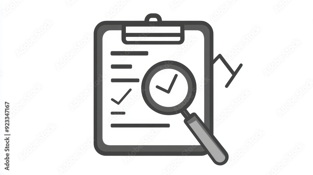 "A linear design symbol for a document inspection icon, featuring a ...