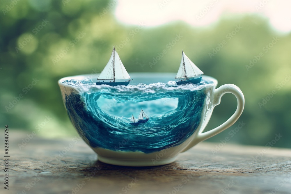 A tea cup with a miniature ocean inside, complete with waves and tiny ...