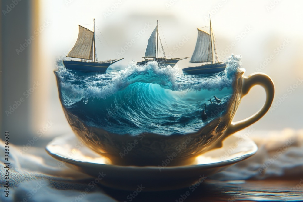 A tea cup with a miniature ocean inside, complete with waves and tiny ...