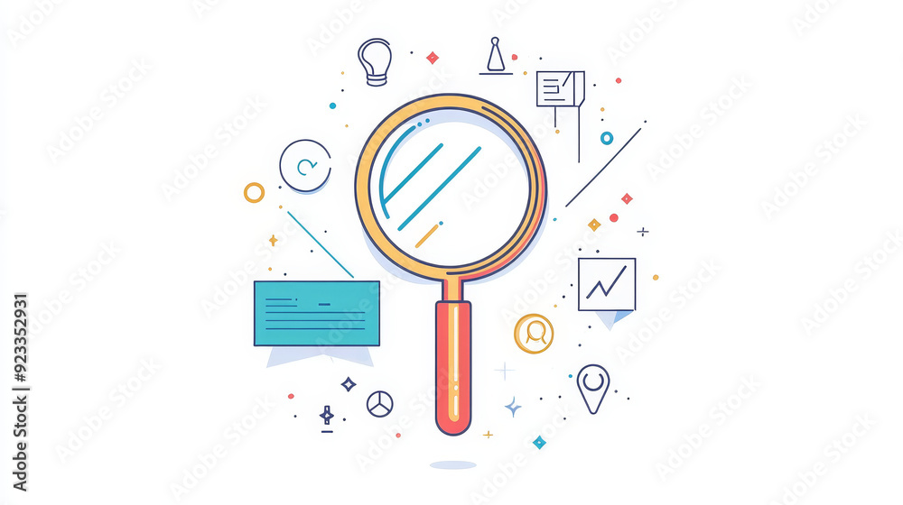 "A modern, linear flat-style logo featuring a thin line magnifying ...