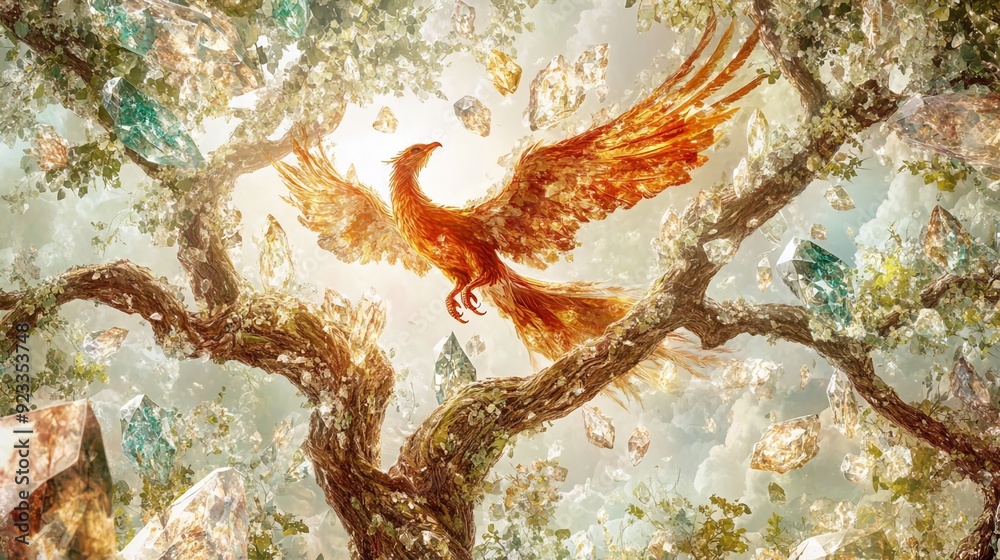 Crystal Haven: Phoenix Nesting in Tree of Crystals, A Radiant Refuge of ...