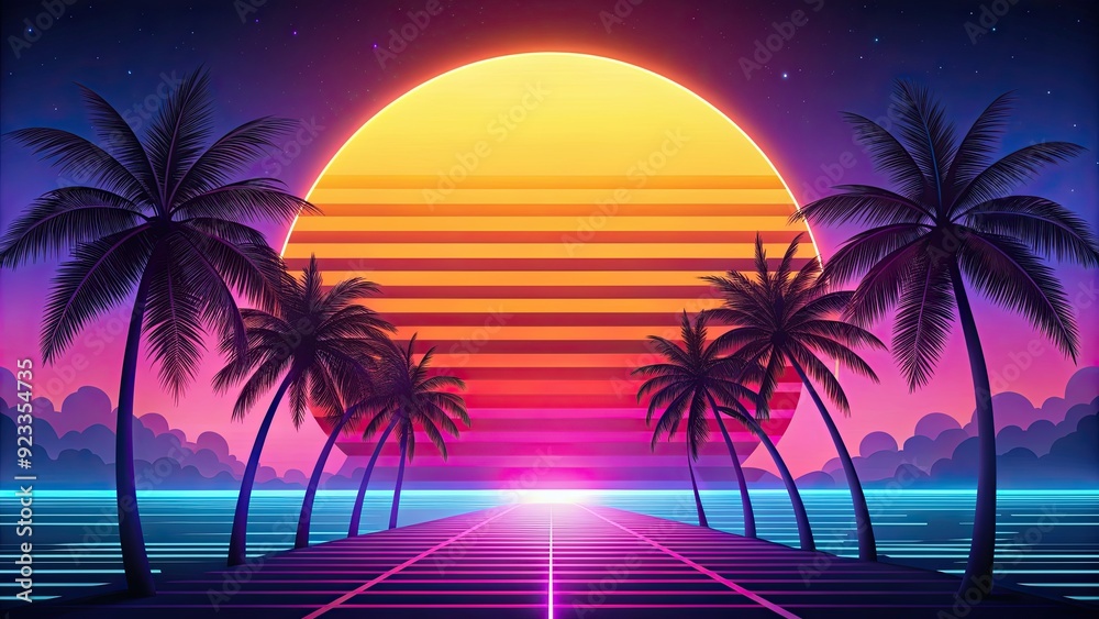 Summer beach poster featuring retro neon colors in a synthwave style ...