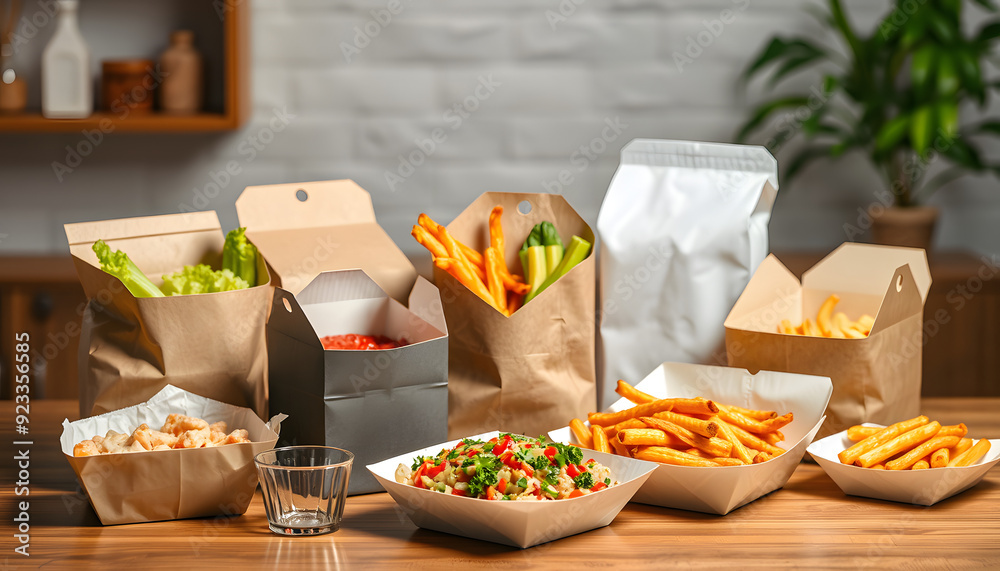 Different paper packages and containers for takeaway food on table ...