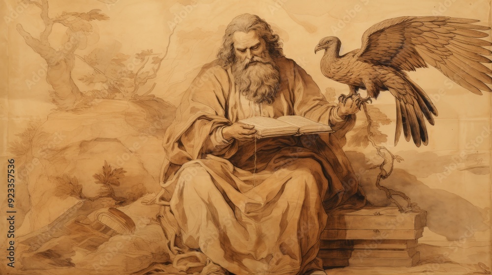 Illustration of Writing Book of Revelation, St. John the Apostle with ...