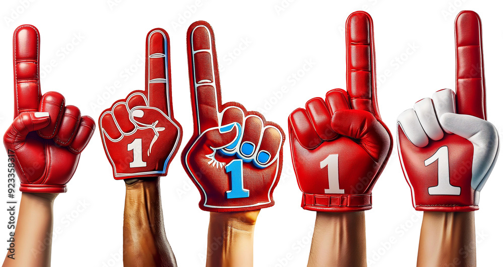 Close-up of five human arms of a fan with foam hand pointing to the ...