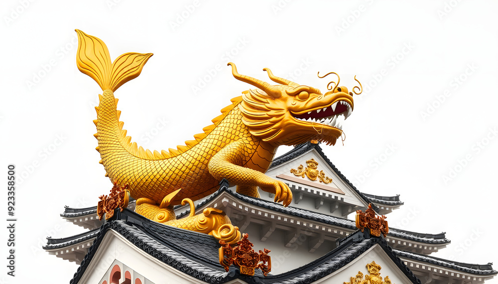 Golden dragon fish statue on roof top of Okayama castle, Japan isolated ...