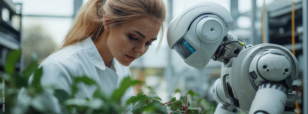 scientist working with humanoid robot in a plant breeding lab Stock ...