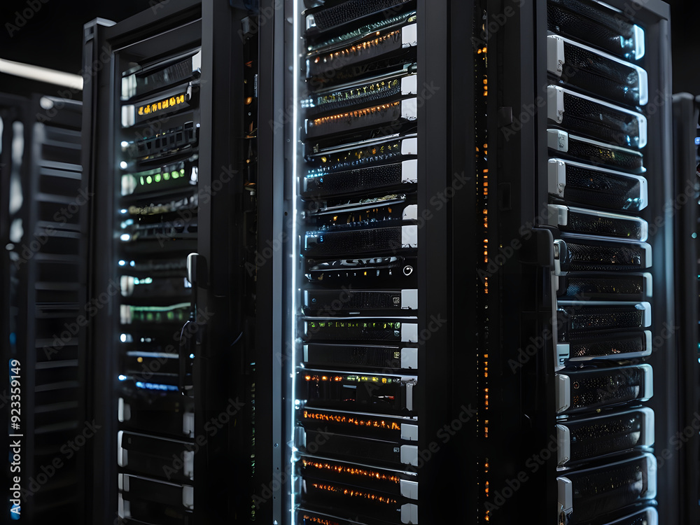 server rack with servers,server rack with cables,network hub and patch ...