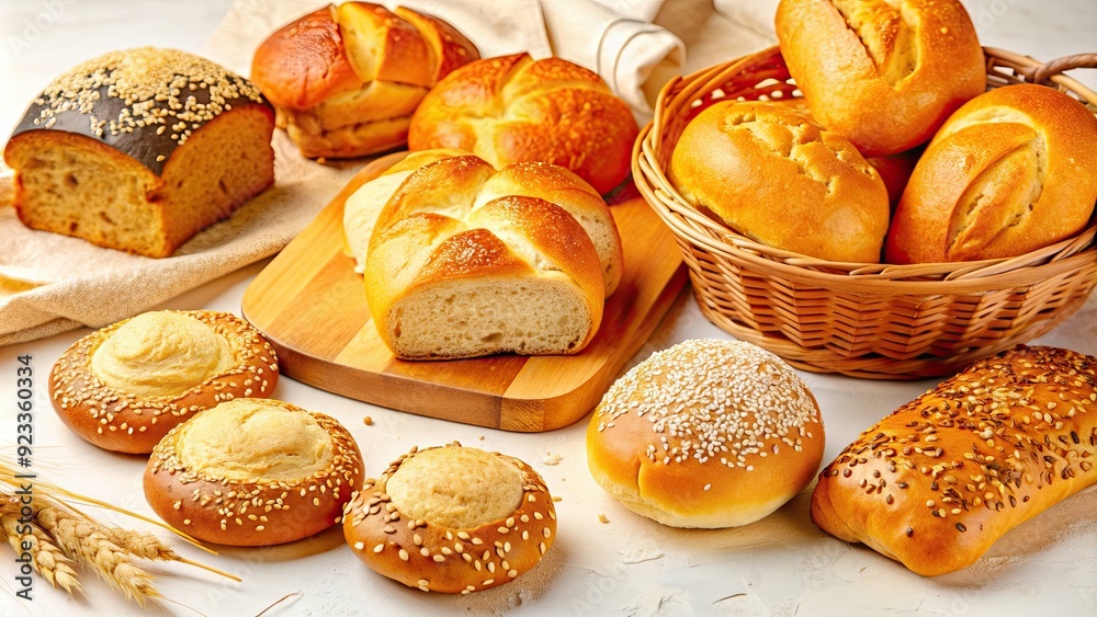 Assortment of fresh bakery items including a loaf of bread, a sesame ...