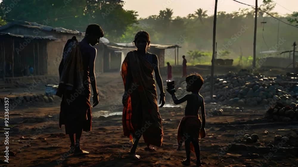 Indian rural village family with father, mother and child living in a ...