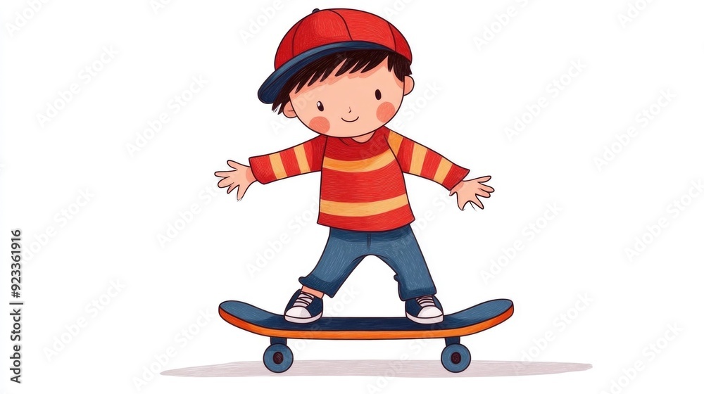 Lively Stick Figure Boy Riding a Skateboard on a Plain White Background ...
