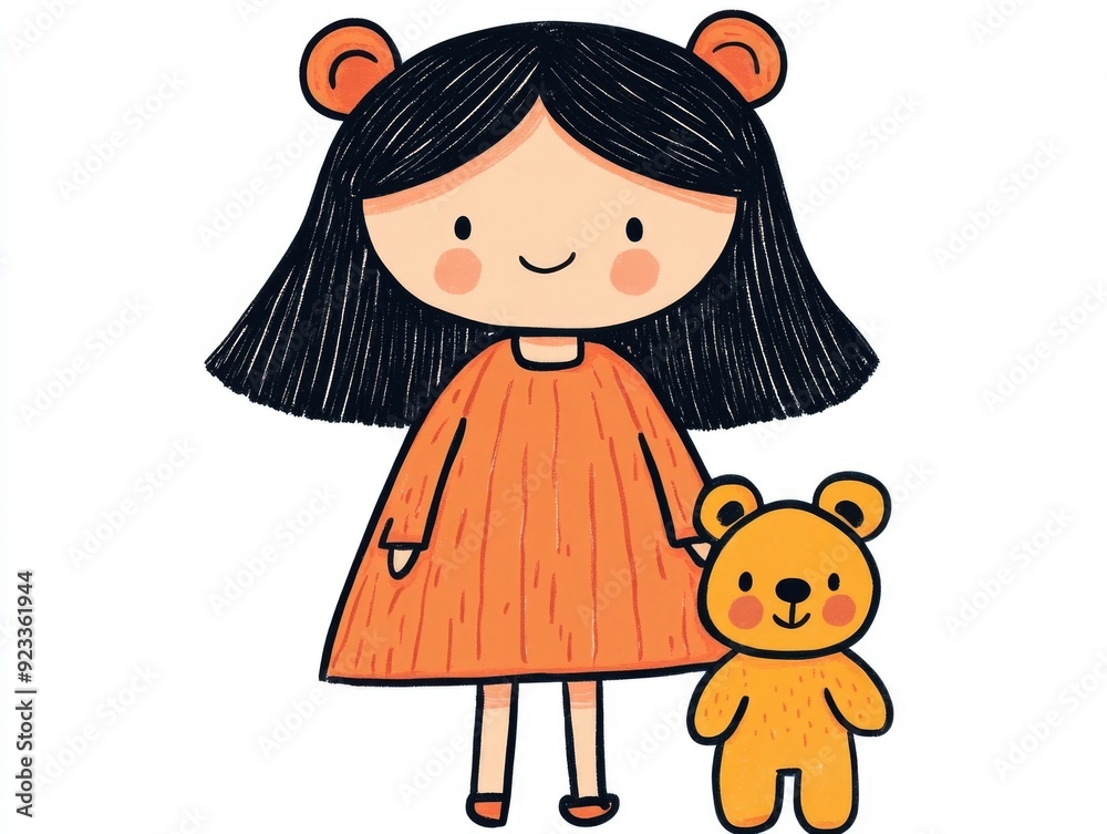 Cute and simple stick figure of a young girl hugging a teddy bear ...