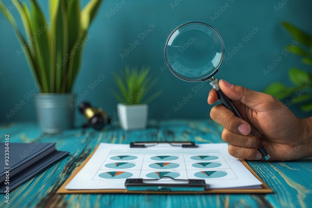Person is closely inspecting data using a magnifying glass on a ...